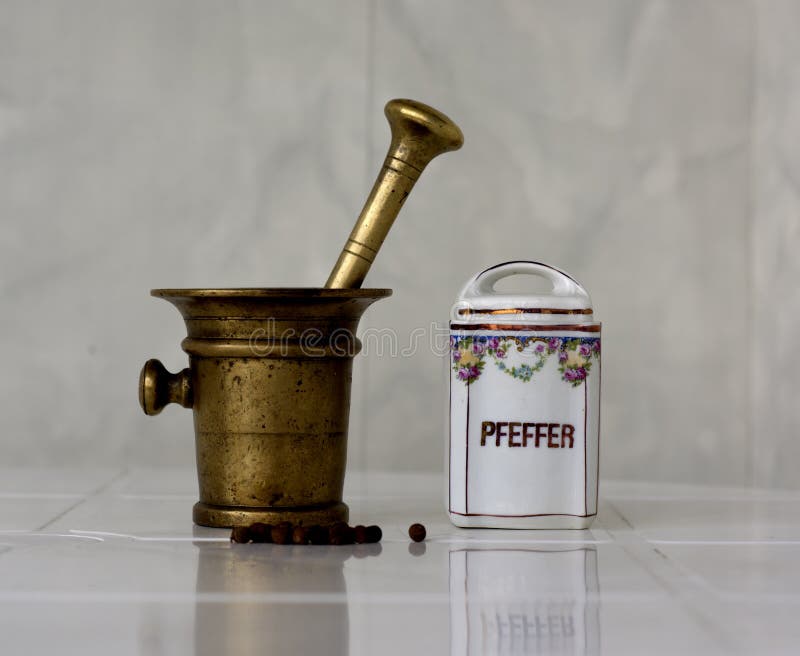 Antique 19th Century Bronze Mortar and Pepper Jar. Stock Photo - Image ...
