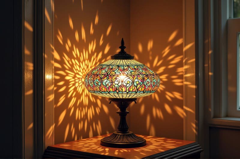 Antique Tiffany Lamp Casting Colorful Patterns on Walls in Cozy Room ...