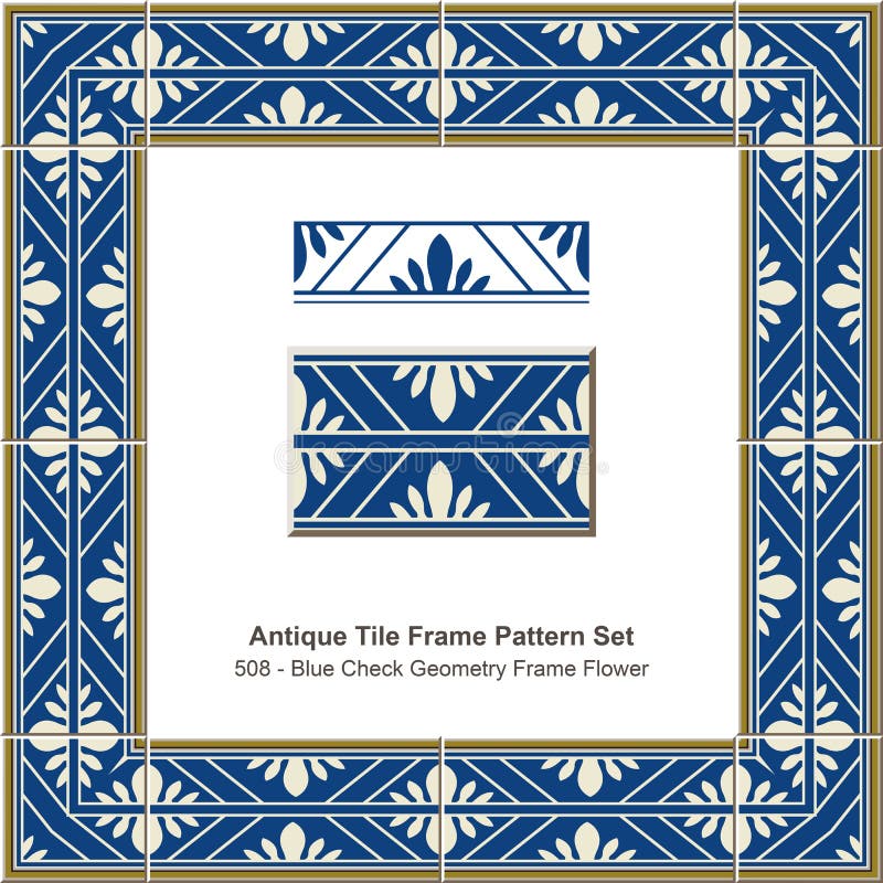 Antique Tile Frame Pattern Set Blue Check Geometry Frame Flower Stock ...