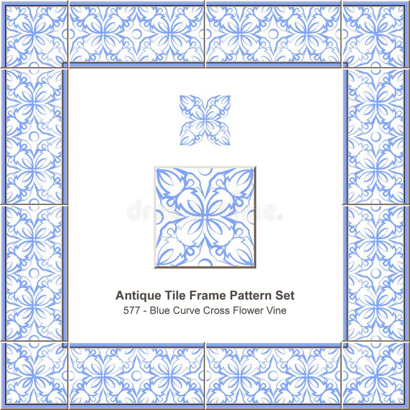 Antique Tile Frame Pattern Set Blue Round Curve Cross Flower Vine Stock ...