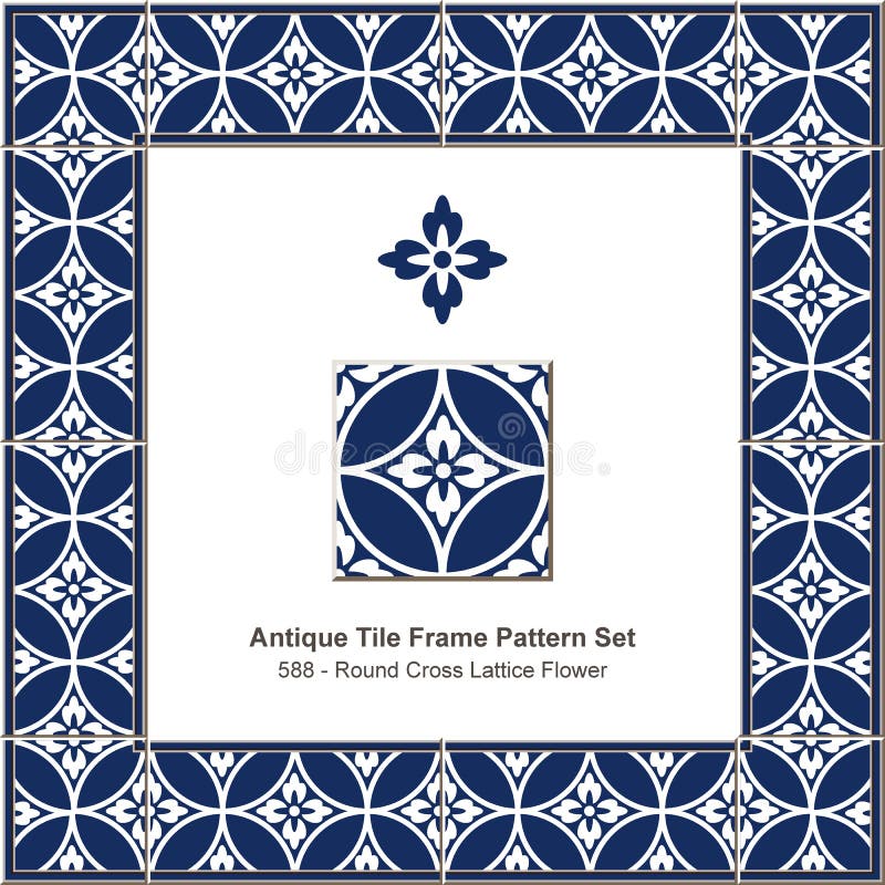 Antique Tile Frame Pattern Set Blue Round Cross Lattice Flower Stock ...