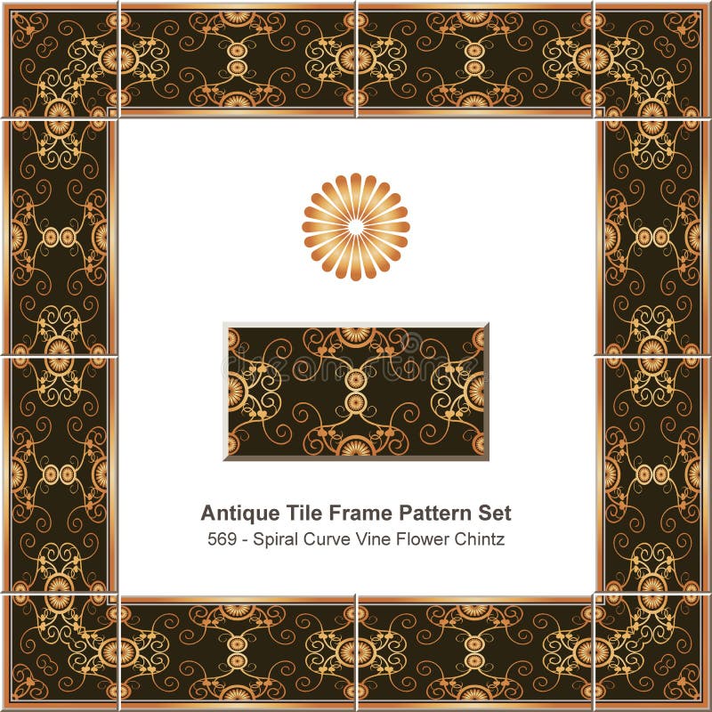 Antique Tile Frame Pattern Set Vintage Botanic Spiral Vortex Curve Vine ...