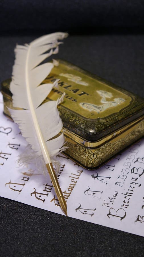 Antique Tin Box with Quill Pen and Sheet with Gothic Letters Stock ...