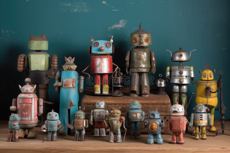 Antique Tin Toy Robots in Various Colors and Shapes Stock Illustration ...