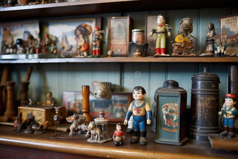 Antique Tin Wind-up Toys Displayed on a Shelf Stock Illustration ...