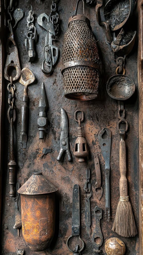Antique Tools and Rustic Hardware Wall Arrangement Stock Image - Image ...