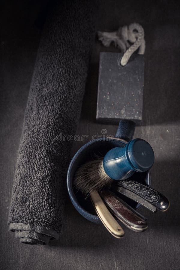 Antique and Traditional Shaving Tools with Grey Soap and Brush Stock ...
