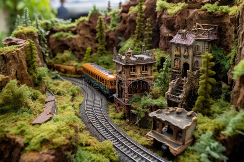 Antique Train Set on a Miniature Landscape Stock Illustration ...