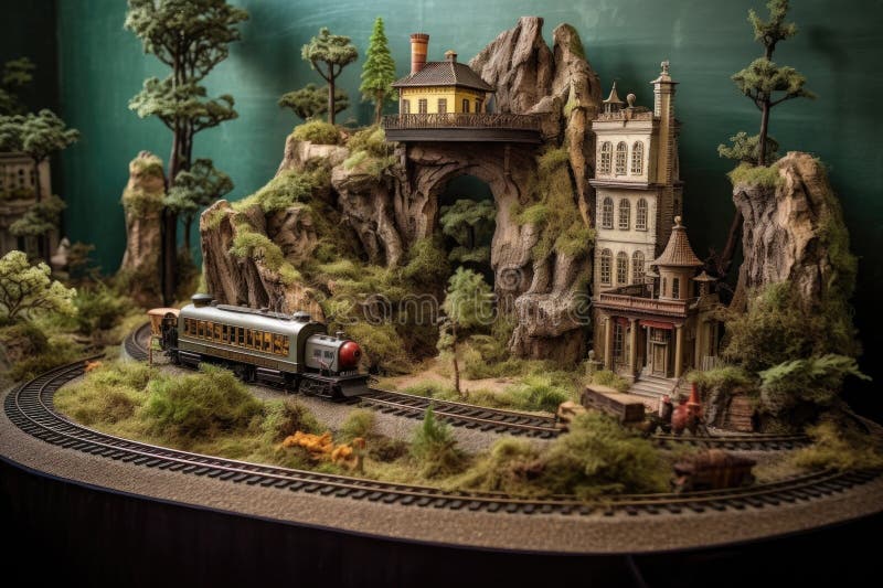 Antique Train Set on a Miniature Landscape Stock Illustration ...
