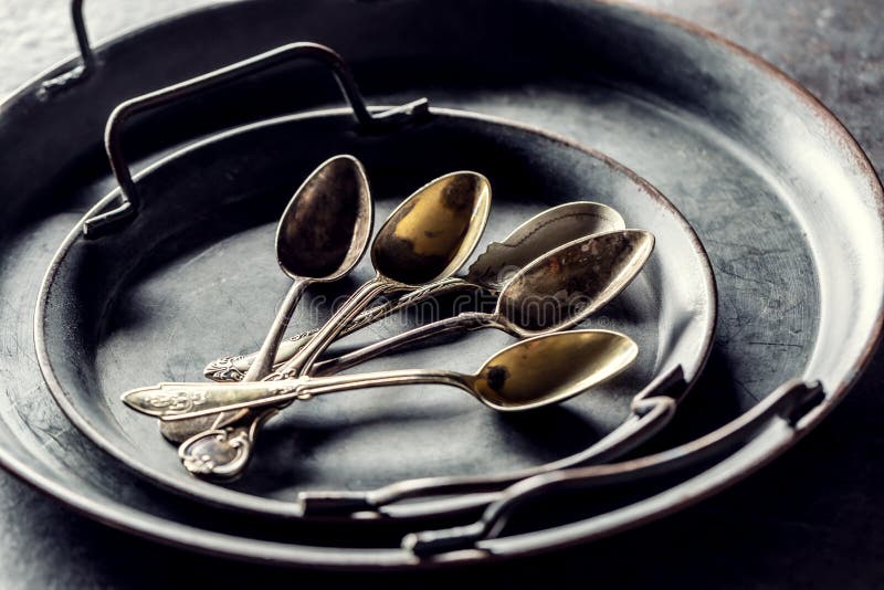 Antique Trays with Spoons on a Rustic Table Stock Image - Image of ...