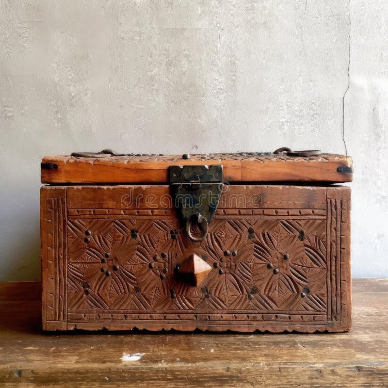 Antique Treasure Chest on Wooden Table in Front of White Wall Stock ...
