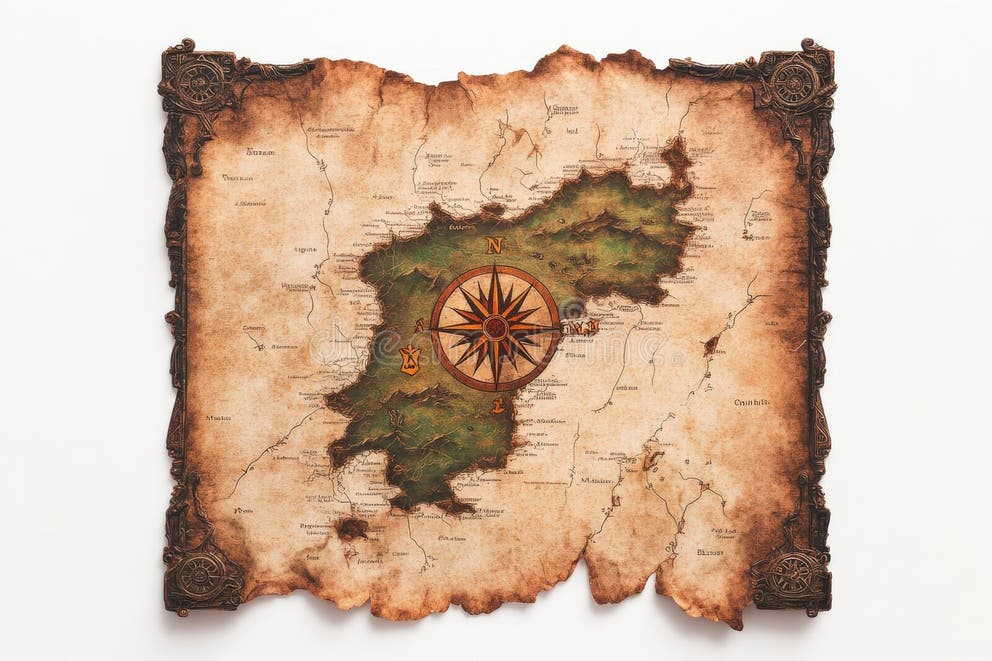Antique Treasure Map with Compass Rose and Ornate Borders Stock ...