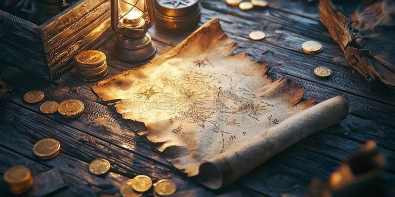 Antique Treasure Map with Gold Coins and Lantern Stock Image - Image of ...