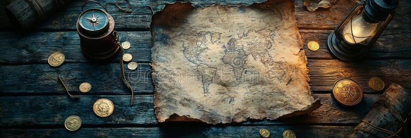Antique Treasure Map with Gold Coins and Lantern Stock Image - Image of ...