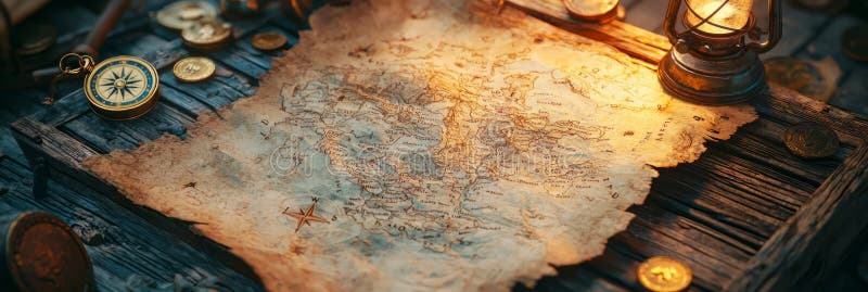 Antique Treasure Map with Gold Coins and Lantern Stock Photo - Image of ...