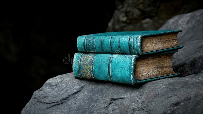 Antique Turquoise Books Resting on a Rock in a Dimly Lit Environment ...