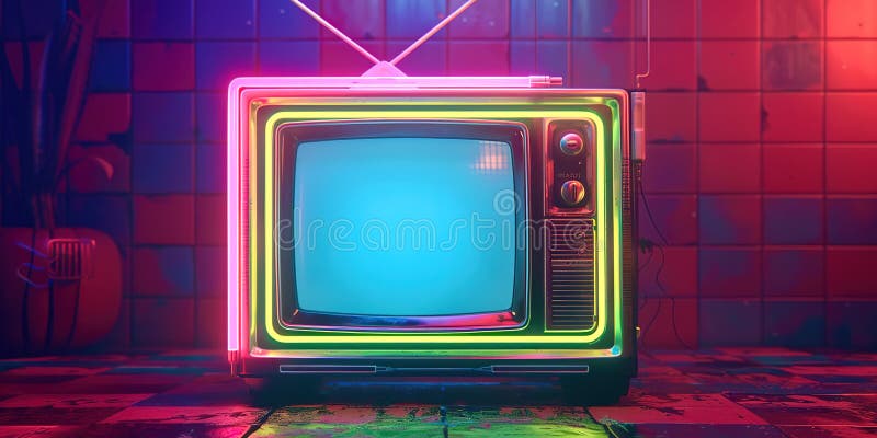 Antique TV on a Neon Background Stock Image - Image of background ...