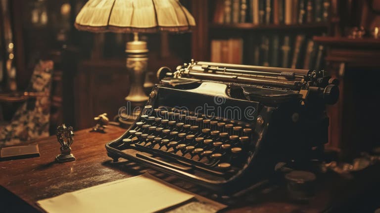 Antique Typewriter on Wooden Desk in Dimly Lit Study Stock Illustration ...