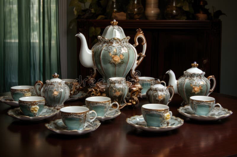 An Antique Victorian Tea Table Set with Porcelain Cups and a Teapot ...