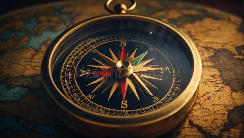 Antique Vintage Compass, World Map Stock Illustration - Illustration of ...