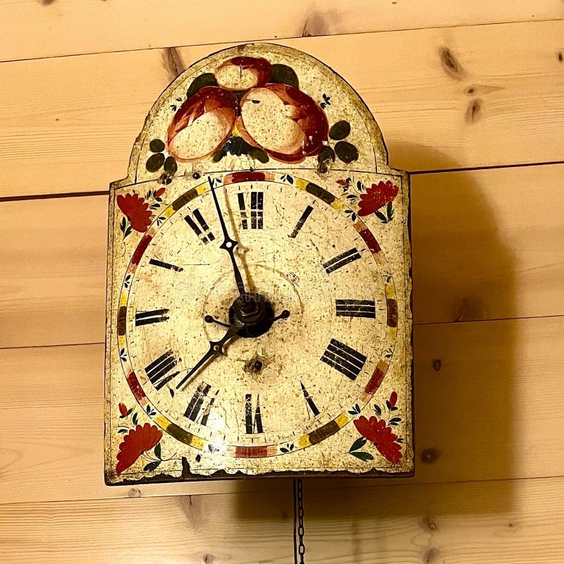 An Antique Wall Clock Painted with Flowers Stock Photo - Image of ...