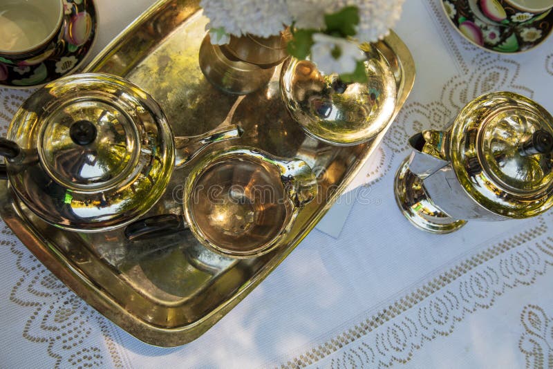 Antique Ware from Stainless Metal on the Table Stock Photo - Image of ...