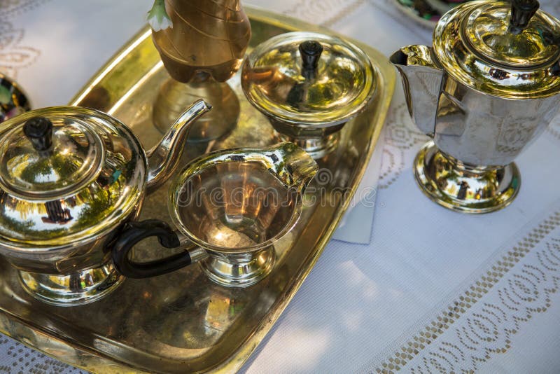 Antique Ware from Stainless Metal on the Table Stock Photo - Image of ...
