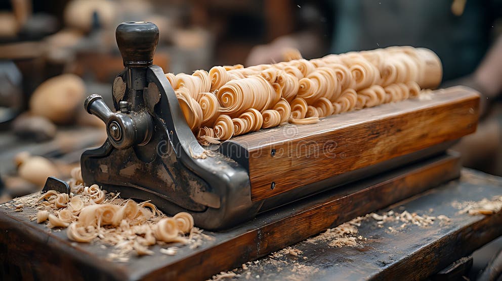Antique Wood Shaving Machine Creating Continuous Wood Curls Stock ...