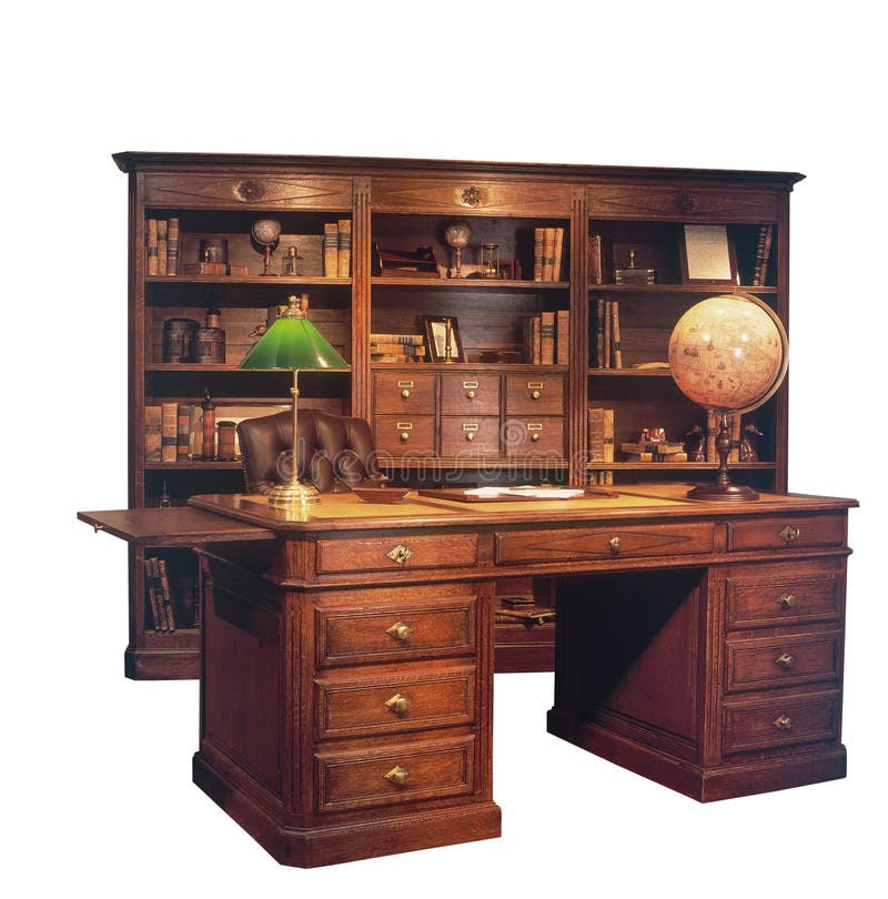 Antique Wooden Desk and Library Isolated on White Stock Image - Image ...