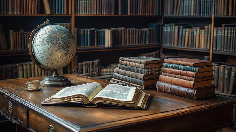 Antique Wooden Desk in Library with Open Book Vintage Globe, Stack ...