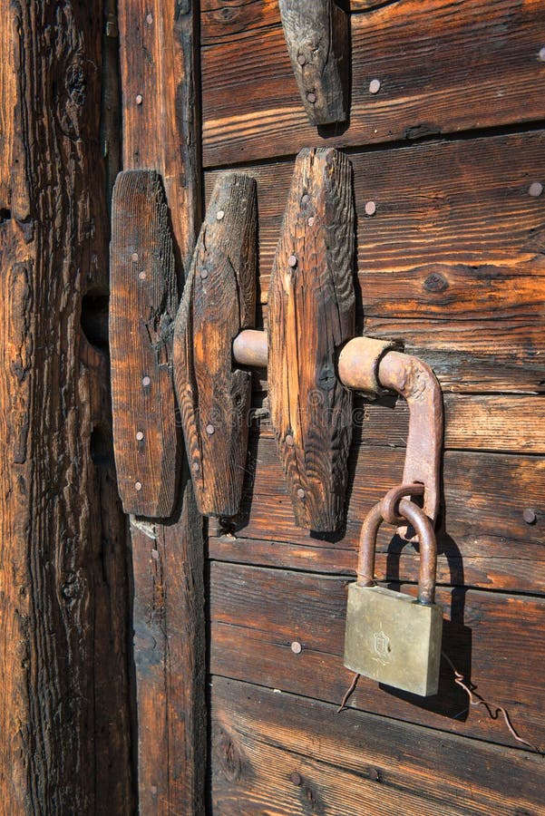 Padlock on Antique Wooden Door Stock Photo - Image of lock, security ...