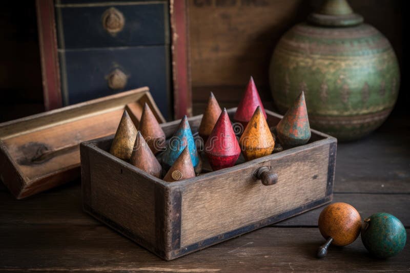 Antique Wooden Spinning Tops in a Rustic Box Stock Illustration ...