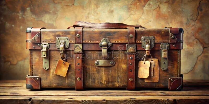 Antique Wooden Travel Trunk with Leather Straps and Blank Tags on ...