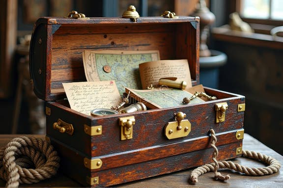 Antique Wooden Treasure Chest with Maps and Nautical Tools on Rustic ...