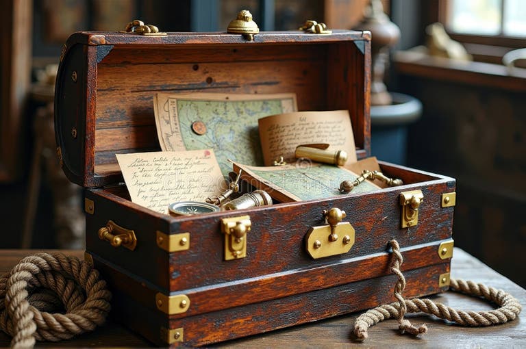 Antique Wooden Treasure Chest with Maps and Nautical Tools on Rustic ...