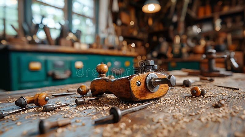 Antique Woodworking Tools on Rustic Workbench Stock Illustration - Illustration of sawdust ...