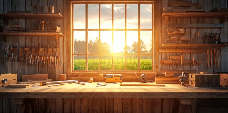 Antique Woodworking Workshop Setting: Carpenter S Workbench, Tools, and ...