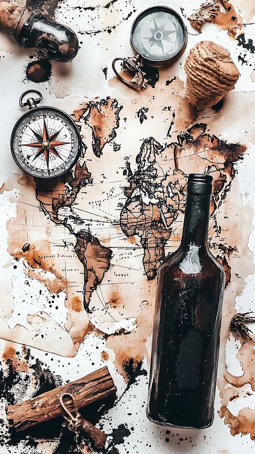 Antique World Map with Compass Bottle and Nautical Elements a Journey ...