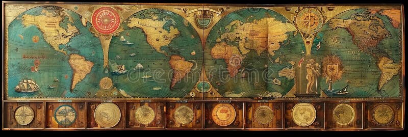 Antique World Map with Compass Rose and Other Navigation Instruments ...