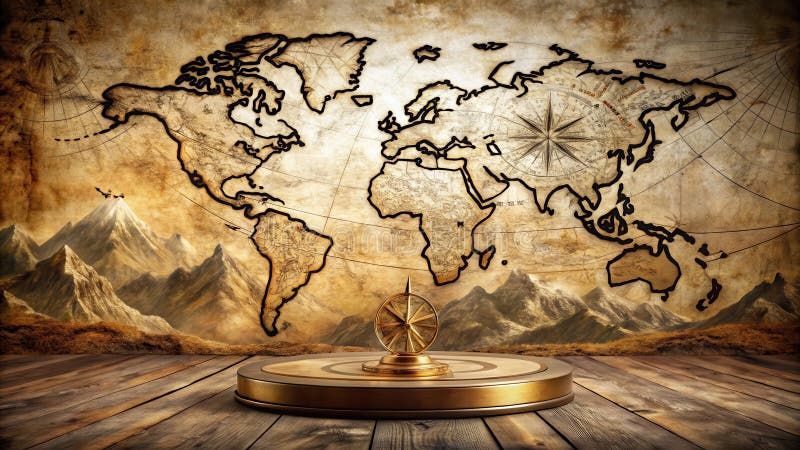 Antique World Map with Compass Rose on Wooden Surface. Generative AI ...