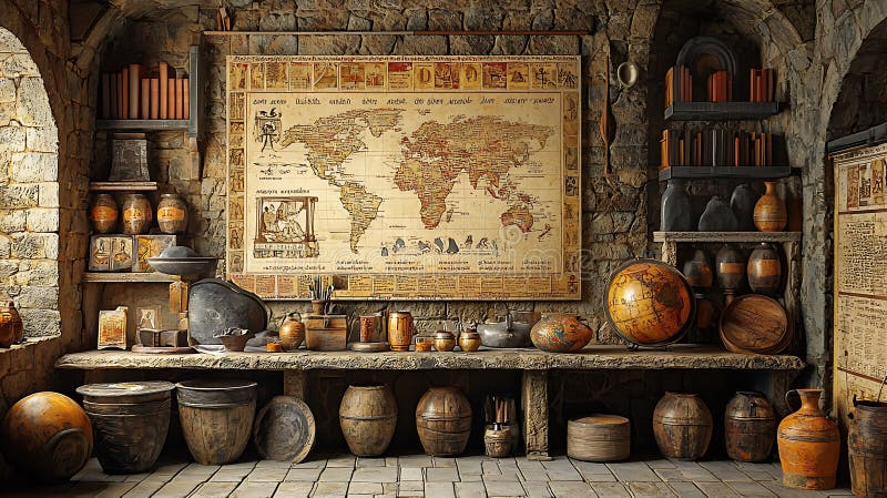 Antique World Map and Curiosities in a Stone Room Stock Illustration ...