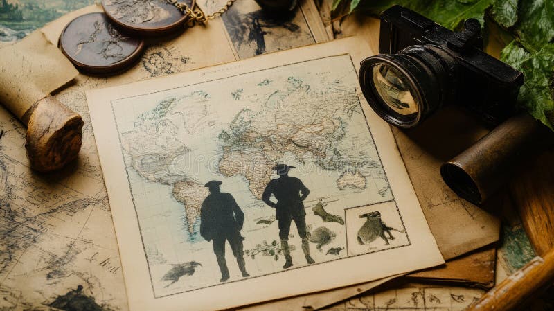 Antique World Map with Explorer Silhouettes and Vintage Camera on ...
