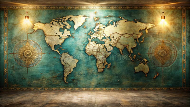 Antique World Map Mural with Compass Rose and Ambient Lighting in a ...