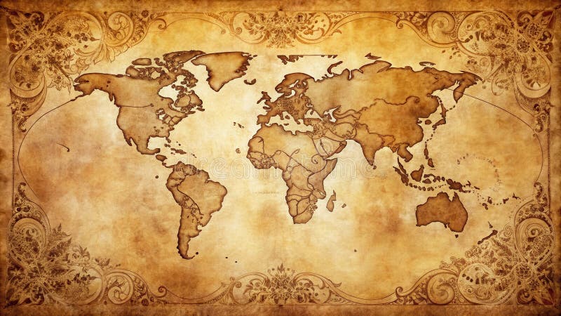 Antique World Map with Ornate Frame, Aged Parchment Texture, Global ...