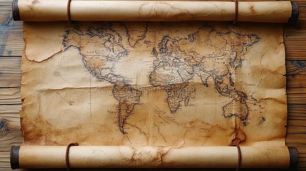 Antique World Map on Parchment Scroll Stock Illustration - Illustration ...