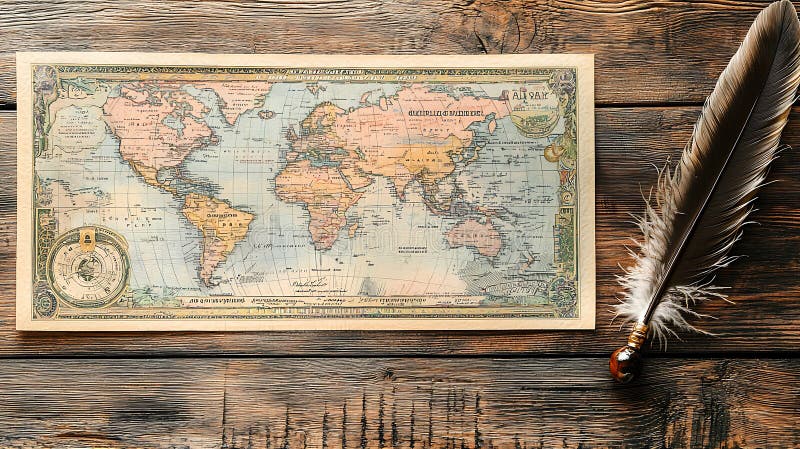 Antique World Map with Quill Pen on Wooden Surface Stock Image - Image ...