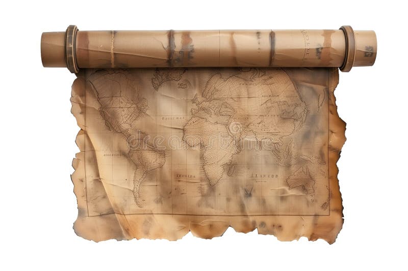 Antique World Map on Rolled Parchment with Aged Burnt Edges. Stock ...