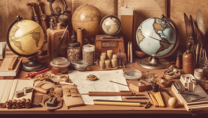 Antique World Map on Rustic Homemade Desk Generated by AI Stock ...