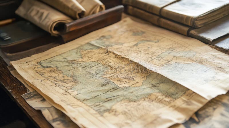 Antique World Map on Rustic Table with Vintage Books and Scrolls Stock ...