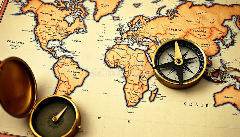 Antique World Map with Compass, Vintage Exploration Tools, Stock Photo ...